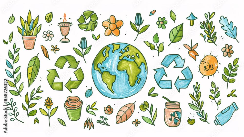 Happy Earth Day concept with modern elements and simple drawing doodle ...