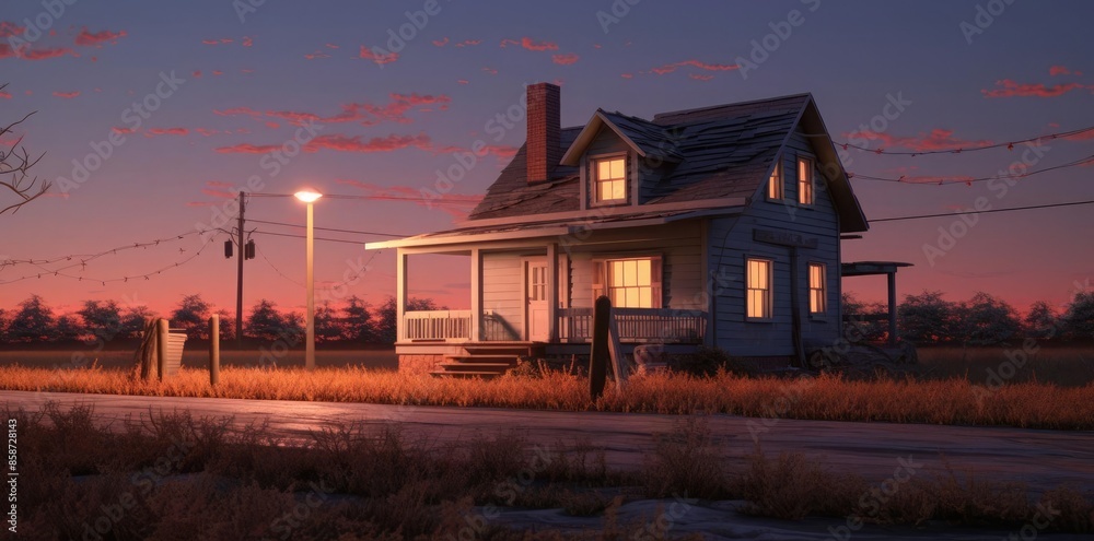 trap house background at sunset with a bare tree and tall grass in the ...