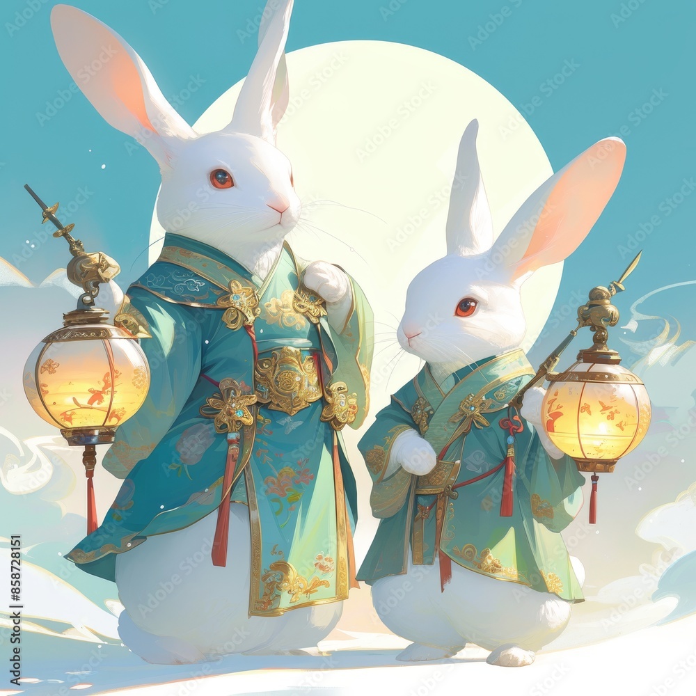 Two white rabbits wearing traditional Chinese clothing holding lanterns ...
