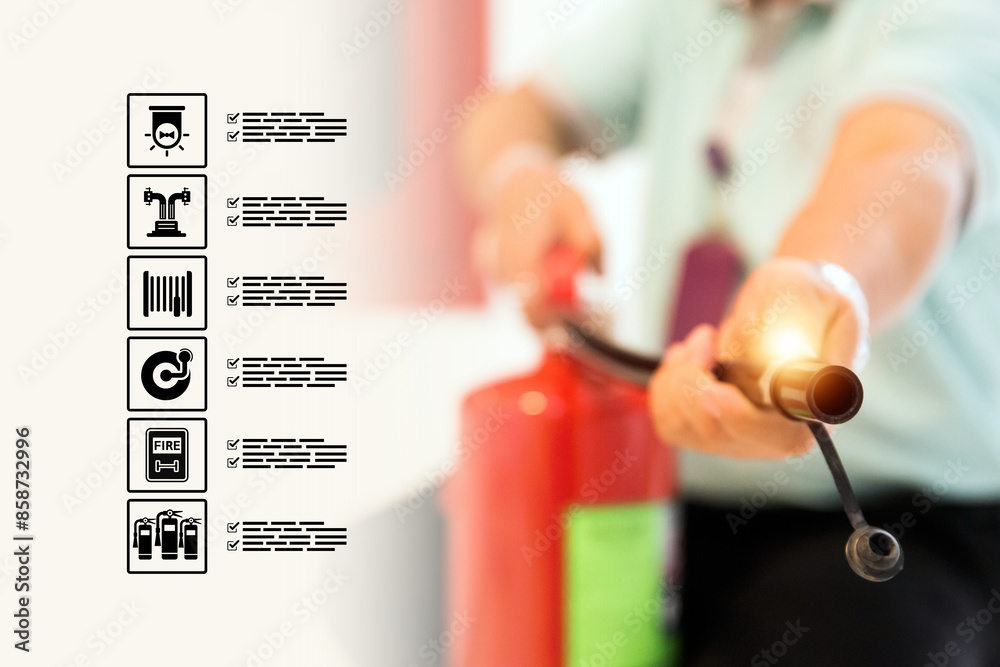 Employees trained in using fire extinguisher with prevent icons for ...