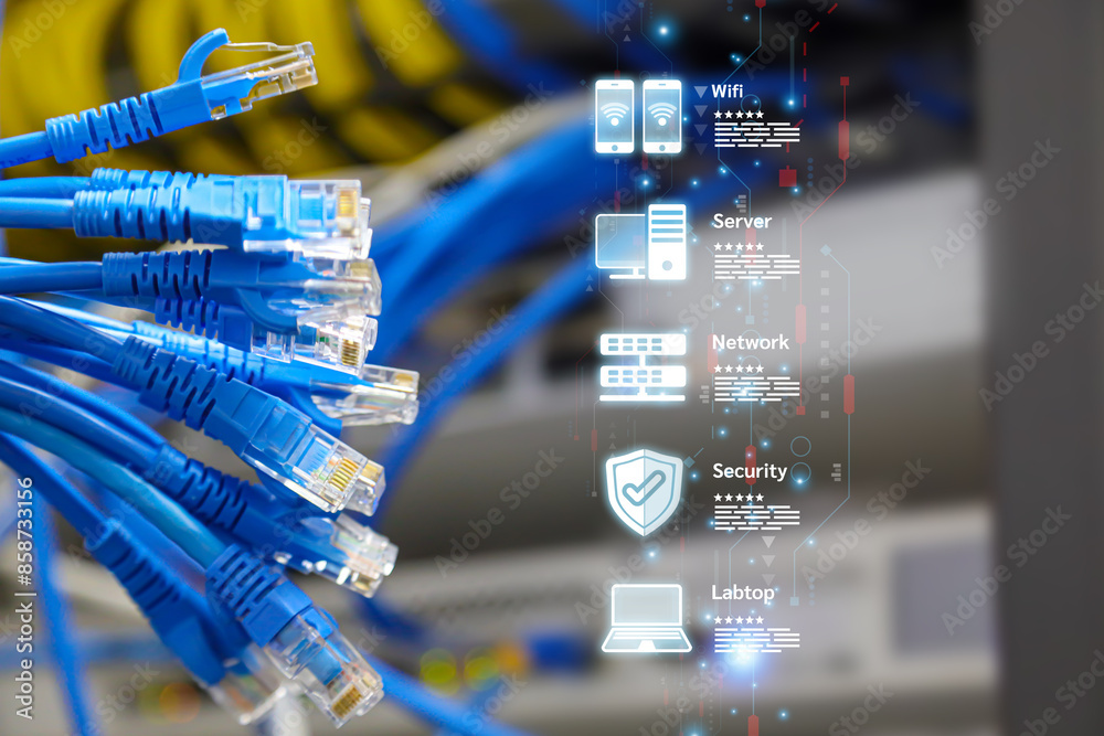 Lots of RJ45 UTP Cat6 LAN internet network cable fiber optic and ...