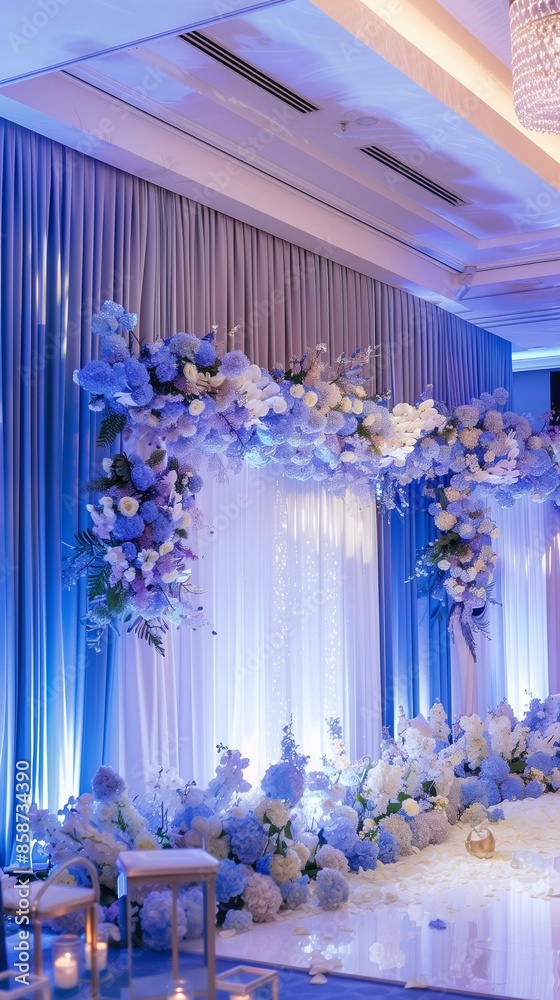 Luxurious wedding night suite decorated with sky blue floral ...