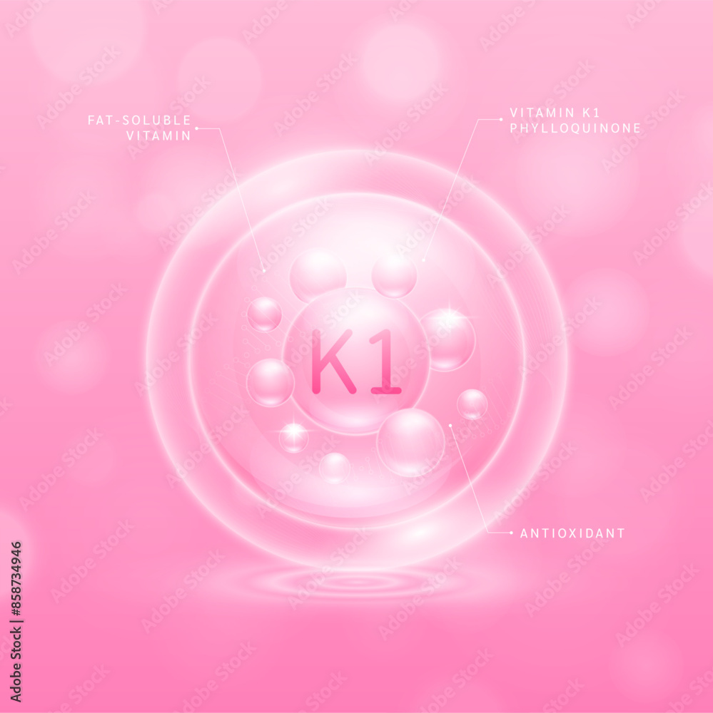 Vitamin K1 solution pink and chemical structure of phylloquinone. Fat soluble vitamins. Collagen ...