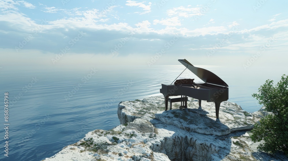 Design an image of a grand piano at the edge of a cliff, overlooking a ...