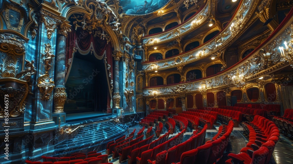 Grand opera house interior with luxurious red velvet seats, gold leaf ...