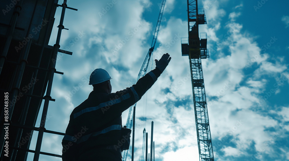 Rigger wearing protective aids standing using a hand signal by moving ...
