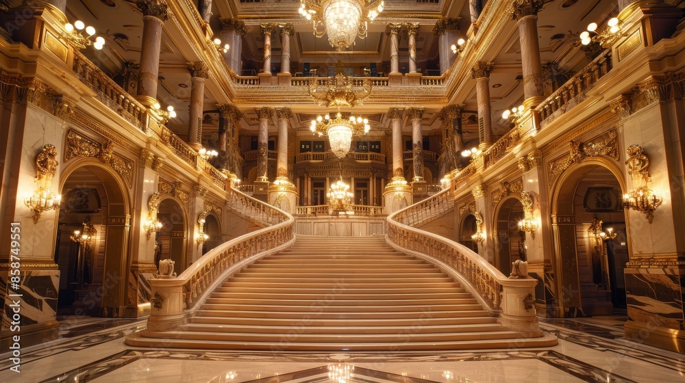 Opulent opera house foyer, with marble floors, grand staircase, and ...