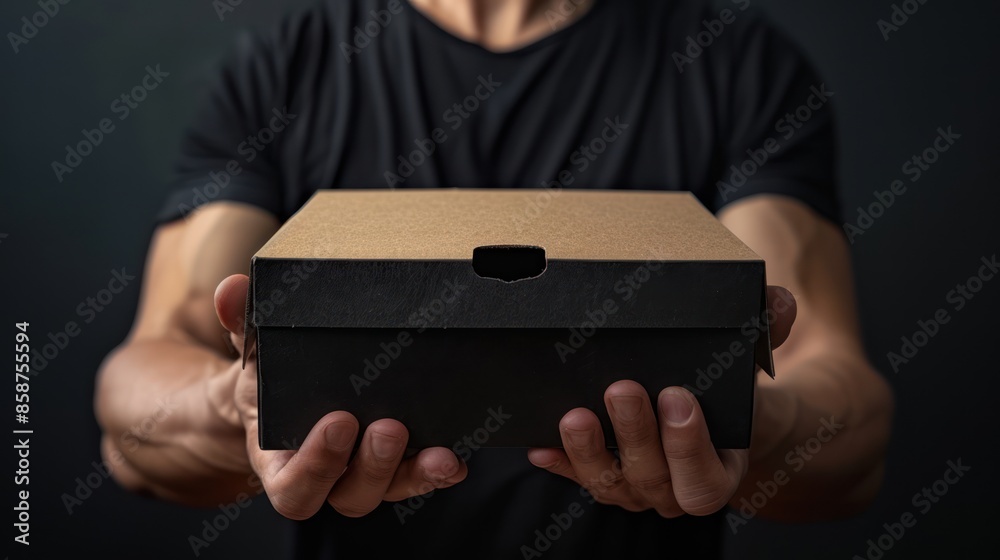 Muscular delivery man carrying black box with insert text on black ...