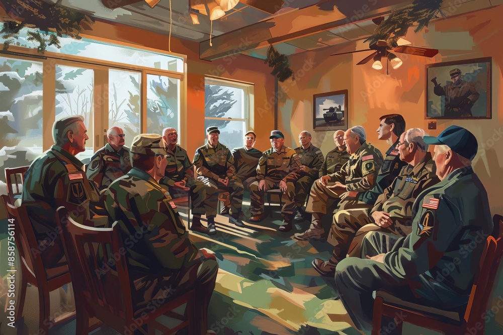 Group of military veterans in uniform seated in a circle having a ...