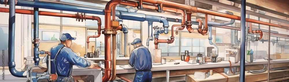 Industrial maintenance workers repairing and inspecting complex ...