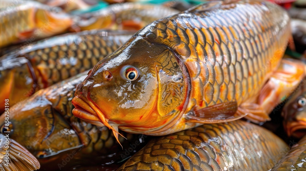 Freshly caught catla rohu carp fish available at Asian fish market in ...