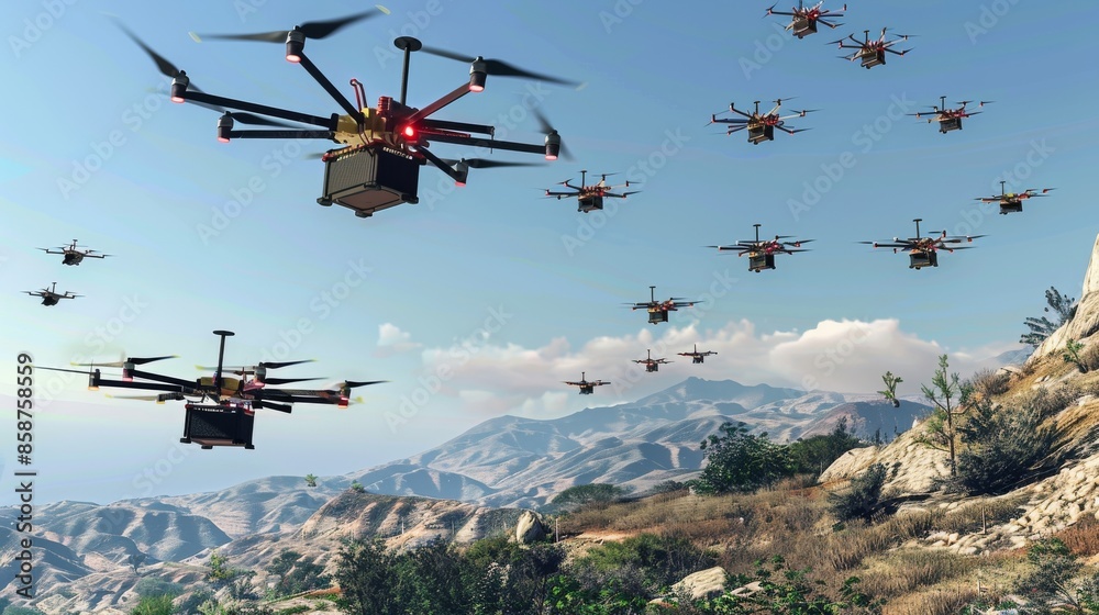 swarm of delivery drones coordinating to transport essential supplies ...