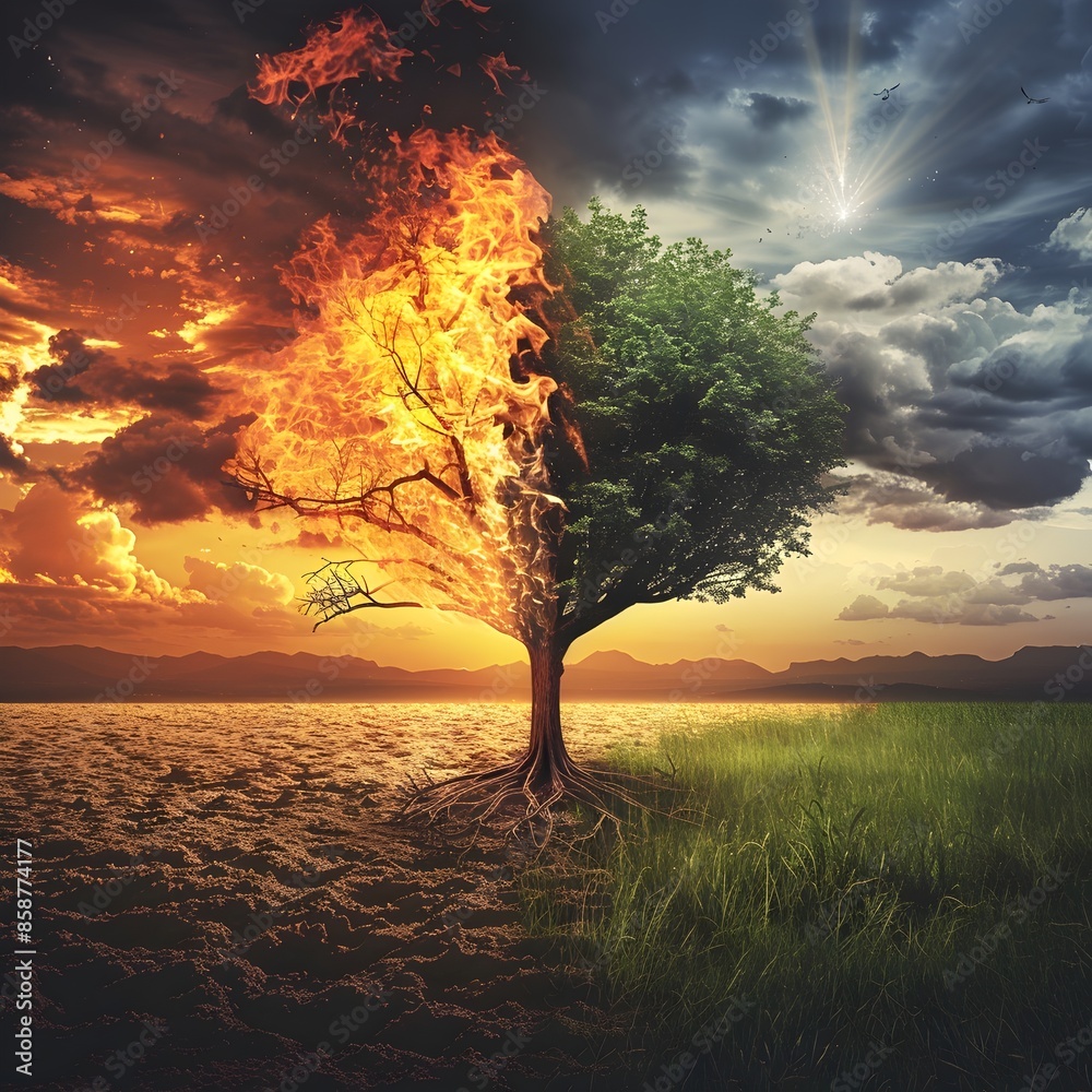 Fiery Tree Half Burnt Sunset Contrast Nature Duality Concept Art ...