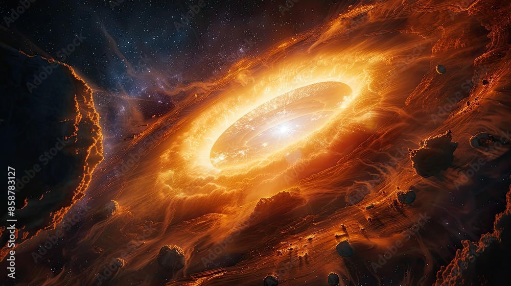 Photograph of a protoplanetary disk, a swirling ring of gas and dust ...