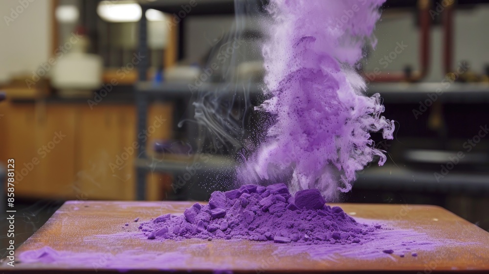 Chemical demonstration Potassium permanganate powder on wood surfaces ...
