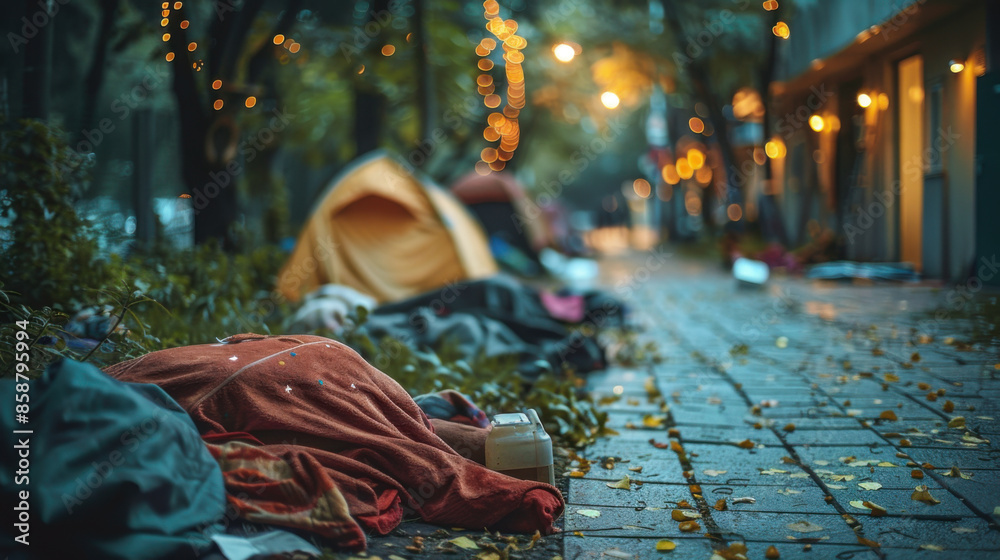 An urban street scene showing a homeless encampment at night ...