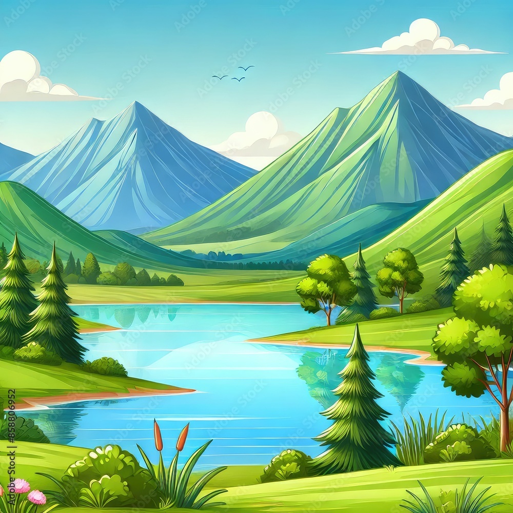 watercolor mountain landscape clipart, forest lake background clip art ...