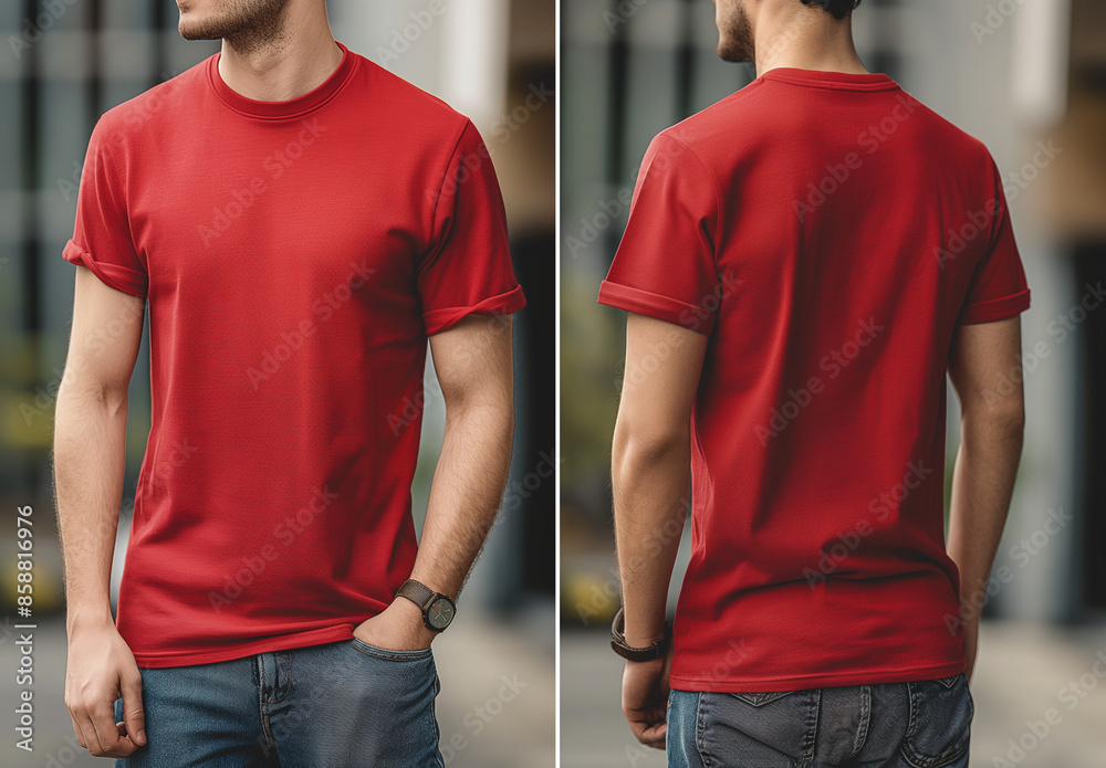 Hispanic young man wearing a red casual t-shirt. Side view, behind and ...
