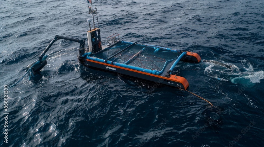 AI-driven autonomous ocean cleanup vessel deployed to remove plastic debris and pollution from ...