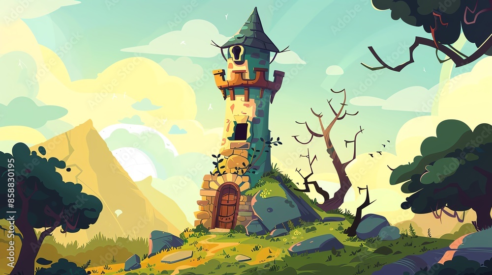 wizards tower flat design, side view, fantasy theme, cartoon drawing ...