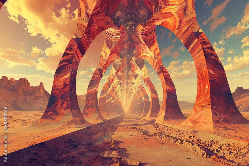 Surreal desert landscape with futuristic arches and dramatic sky ...