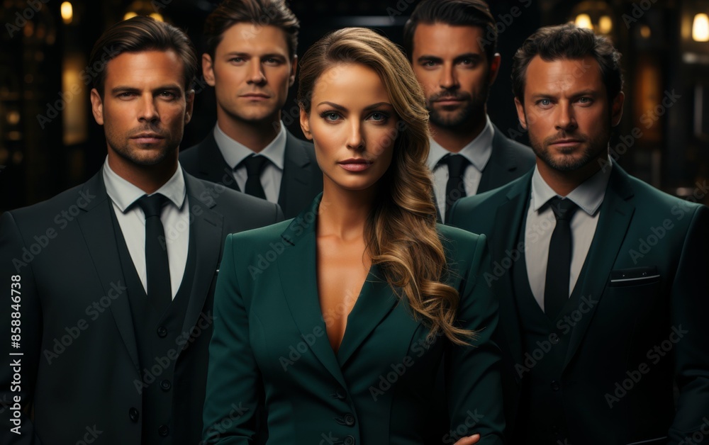 A group of five business professionals, all dressed in suits with lion ...