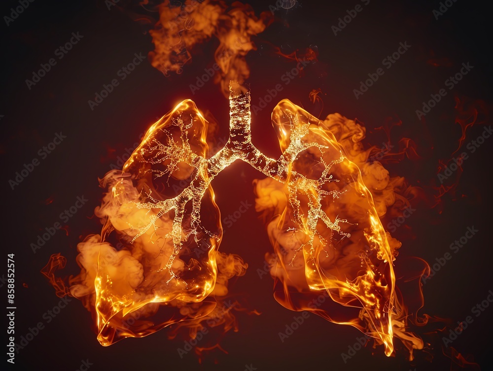 Conceptual art of human lungs in fiery flames, representing respiratory ...