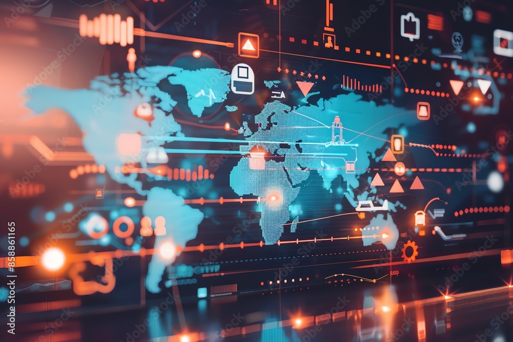 A futuristic digital map of the world with icons and data flowing ...