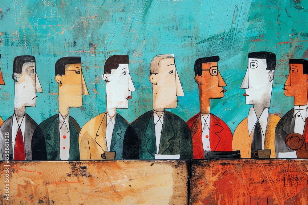 A group of men in suits stand in a row, their faces turned to the left ...