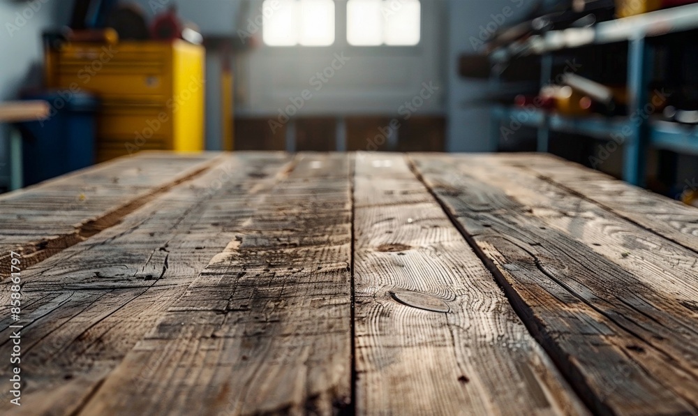 Empty wooden surface on a blurred background of the garage or home ...