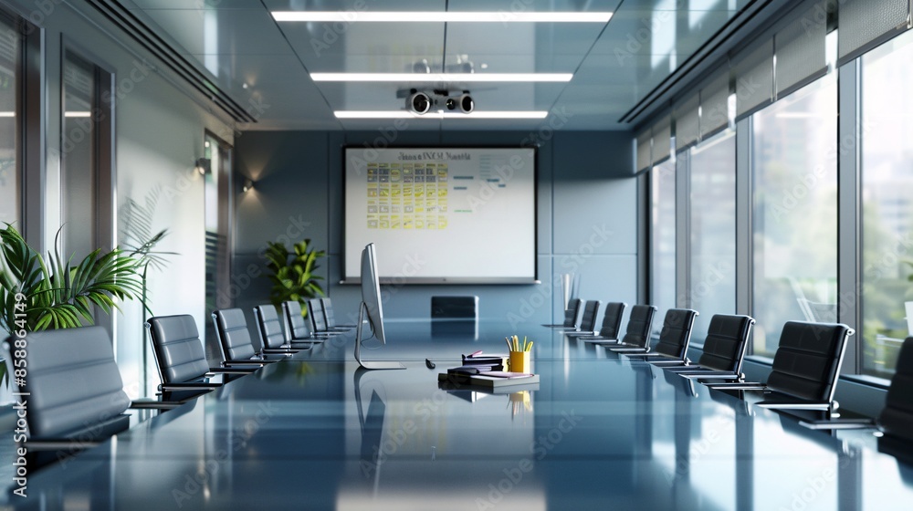 A modern meeting room setup with a large conference table, ergonomic ...
