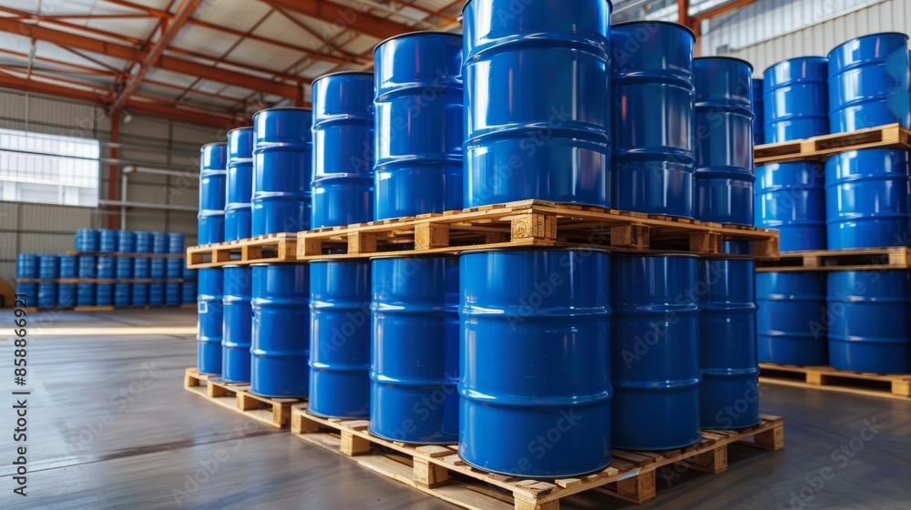 Blue barrel 200 liter chemical drums are stacked on wooden pallets inside the warehouse awaiting ...