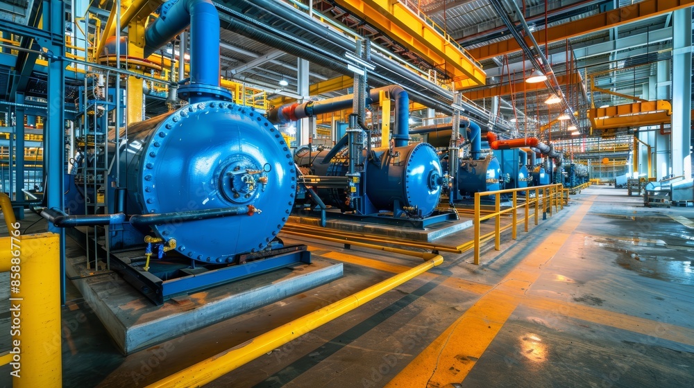 Industrial interior of a factory with a chiller and boiler HVAC system ...