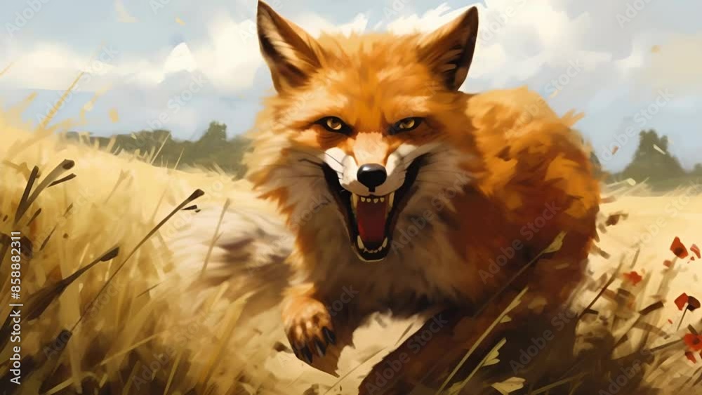 A fox with rabies with a crazy look shows its sharp dangerous teeth ...