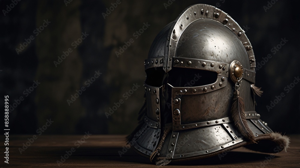 The ancient metal knight helmet is a symbol of armor and warfare in the ...