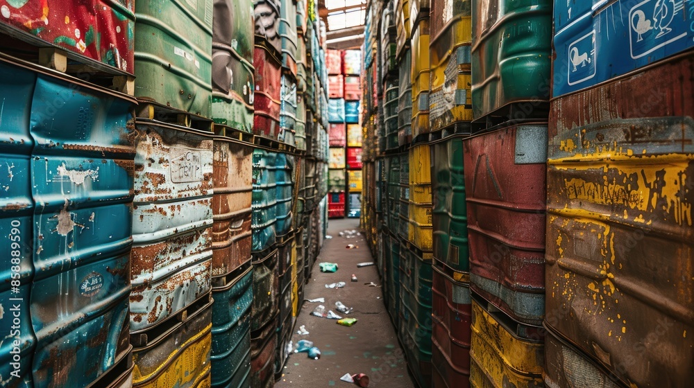 A row of old, rusted barrels are stacked in a warehouse. The barrels ...