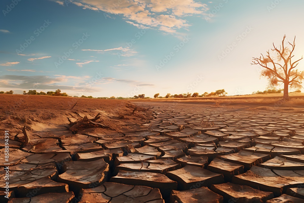 Dry land and dead tree at sunset. Global warming concept. Stock Photo ...