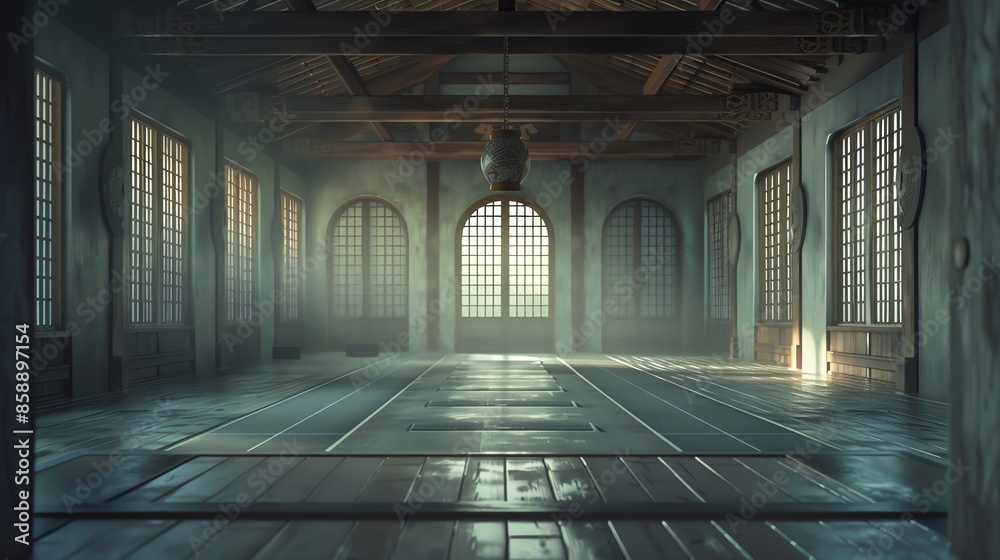 Empty traditional Japanese dojo with wooden floor and large windows ...