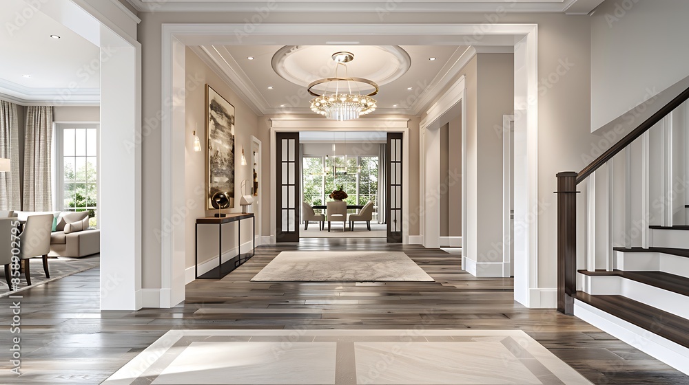 Foto de Stylish foyer of a suburban residence featuring a statement ...