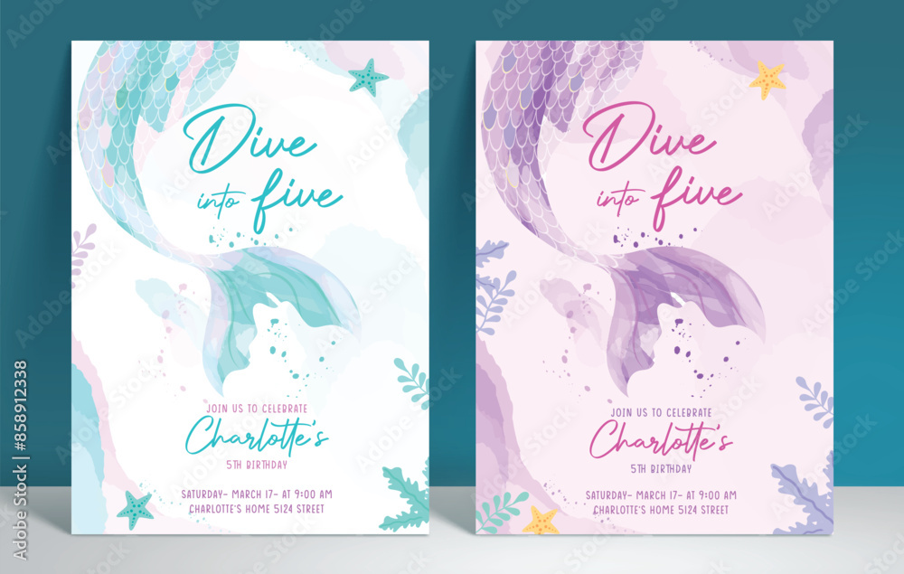 Birthday mermaid invitation vector template design. Birthday girl ...
