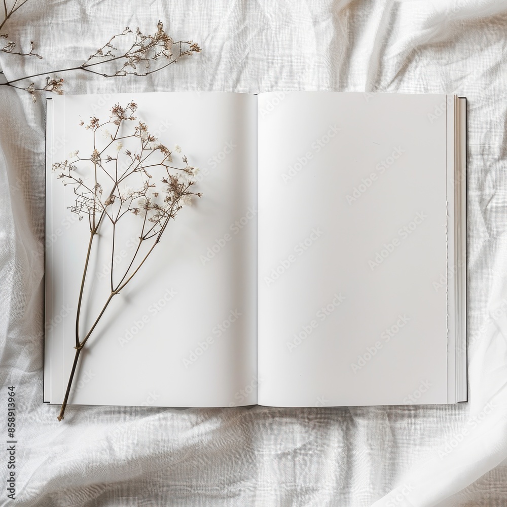 A flat lay image of an open book lying on white linen fabric. Dried ...