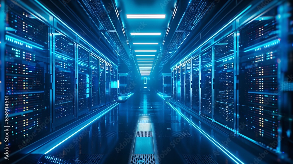Futuristic data center with rows of illuminated server racks, glowing in a cool blue hue ...