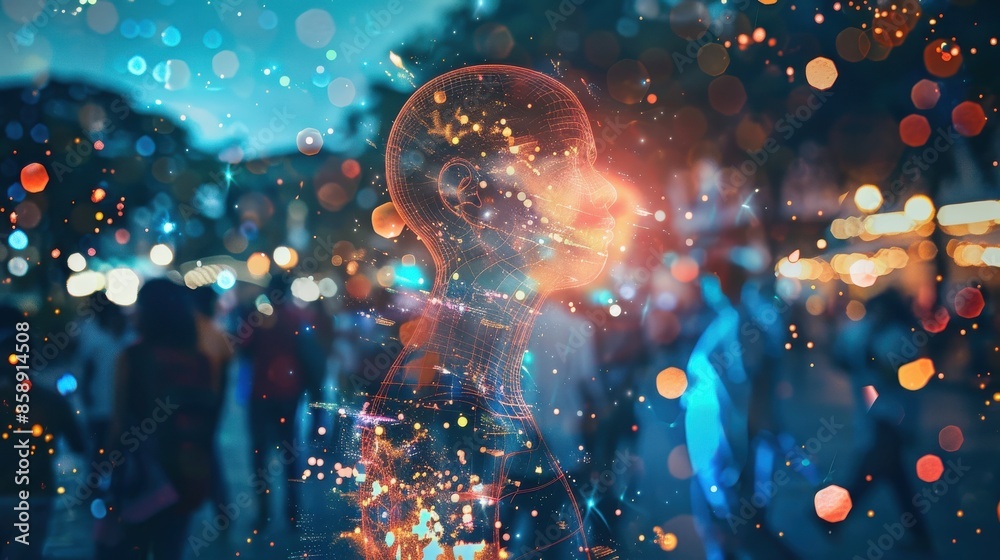 A digital human silhouette stands out against a blurred background of ...