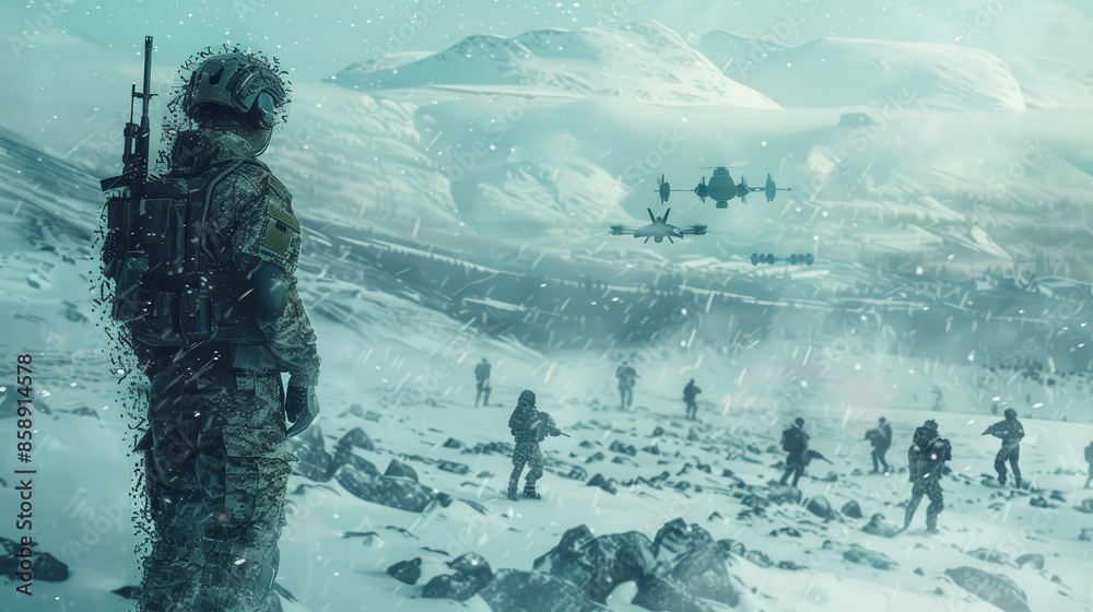 A lone soldier stands in a snowy, mountainous landscape, looking out ...