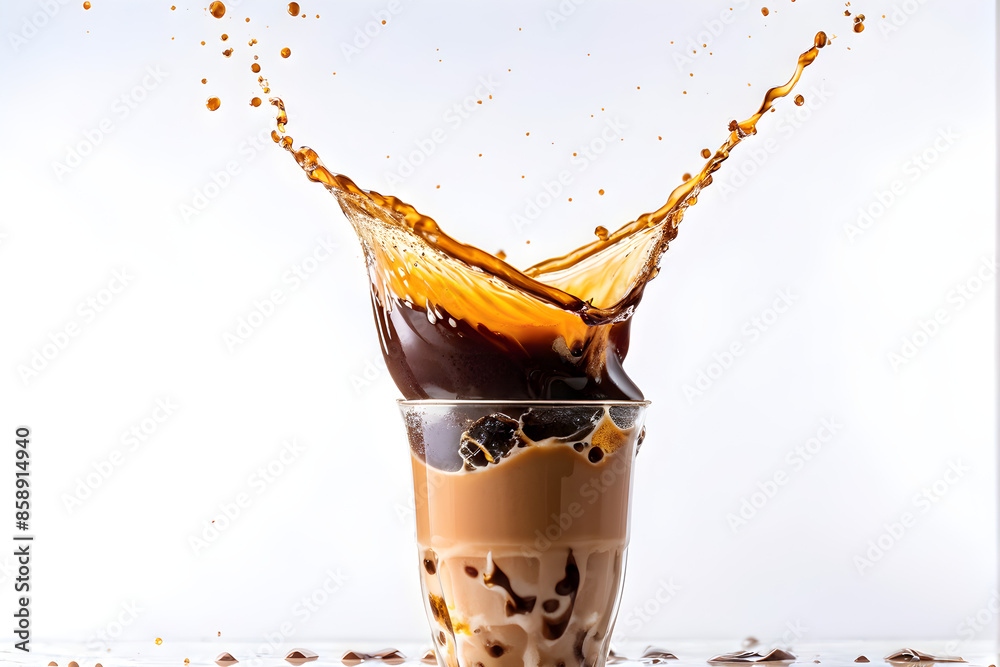 Milk Tea fall ice cube cool pouring down in Shape form line. Milk Ice ...