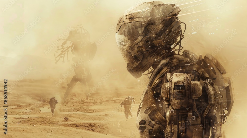 A futuristic soldier, clad in heavily armored gear, stands amidst a ...