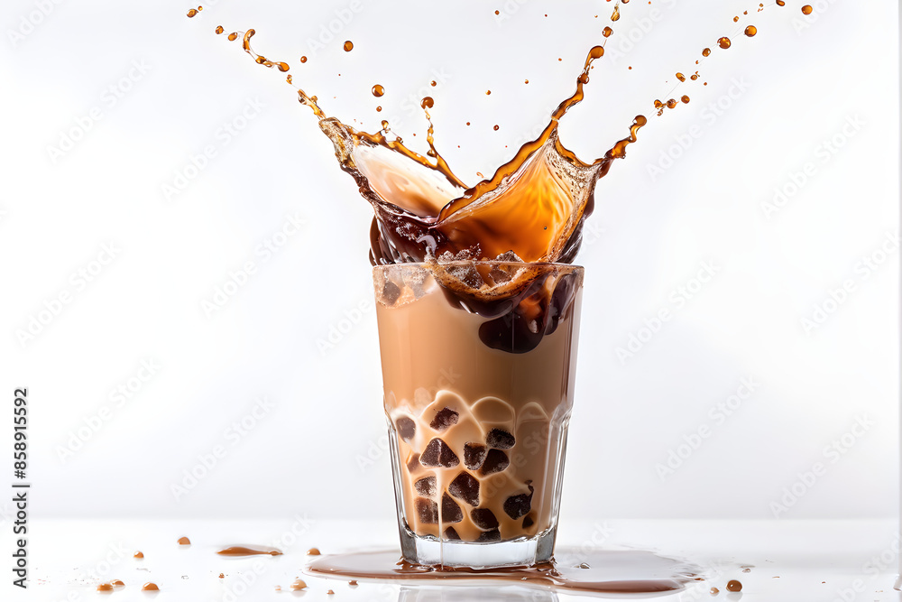 Milk Tea fall ice cube cool pouring down in Shape form line. Milk Ice ...
