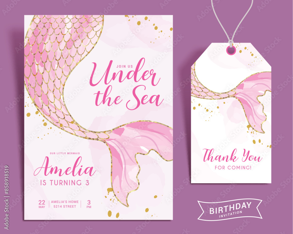 Birthday mermaid invitation vector set design. Invitation card and ...