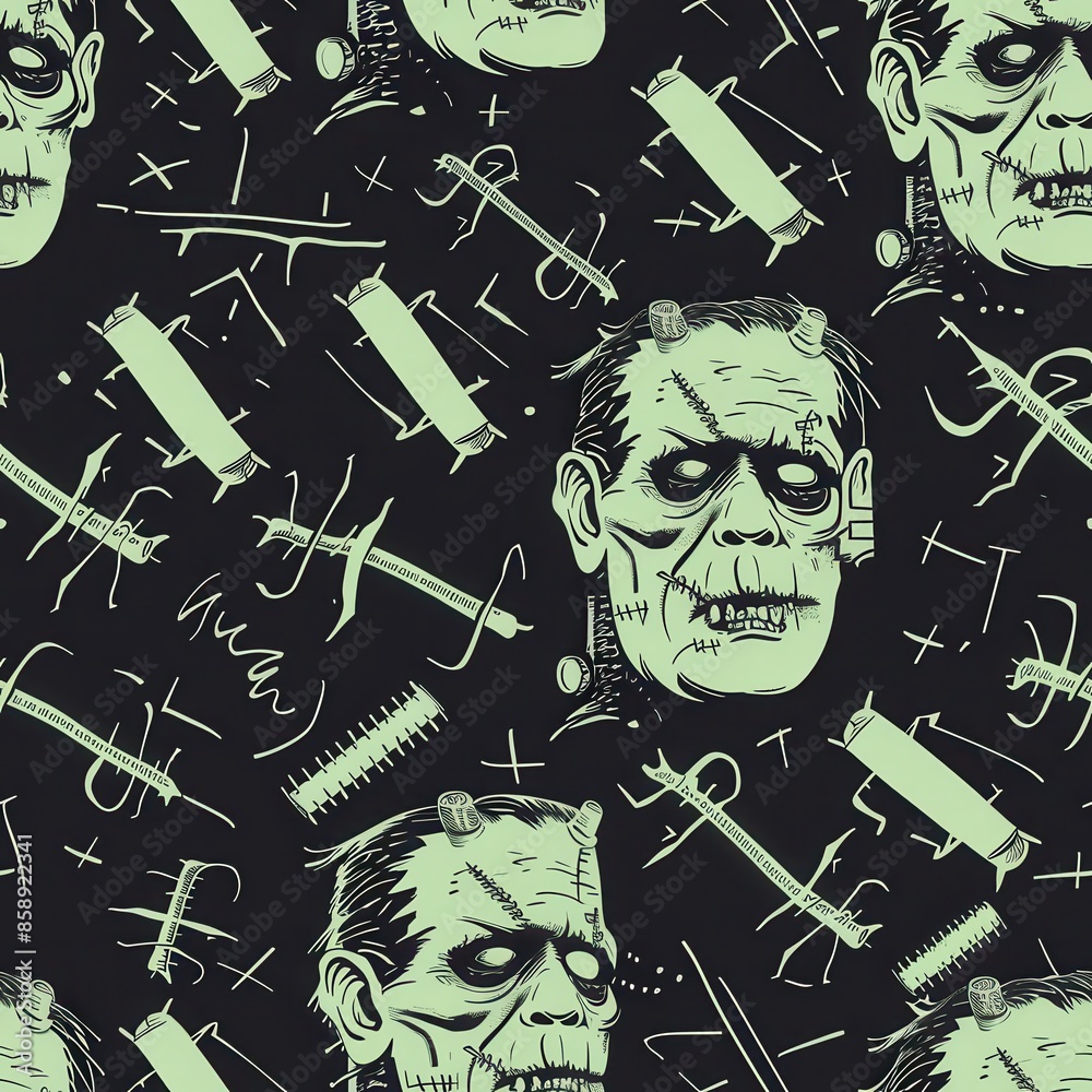 This image features a seamless pattern on a black background with green ...