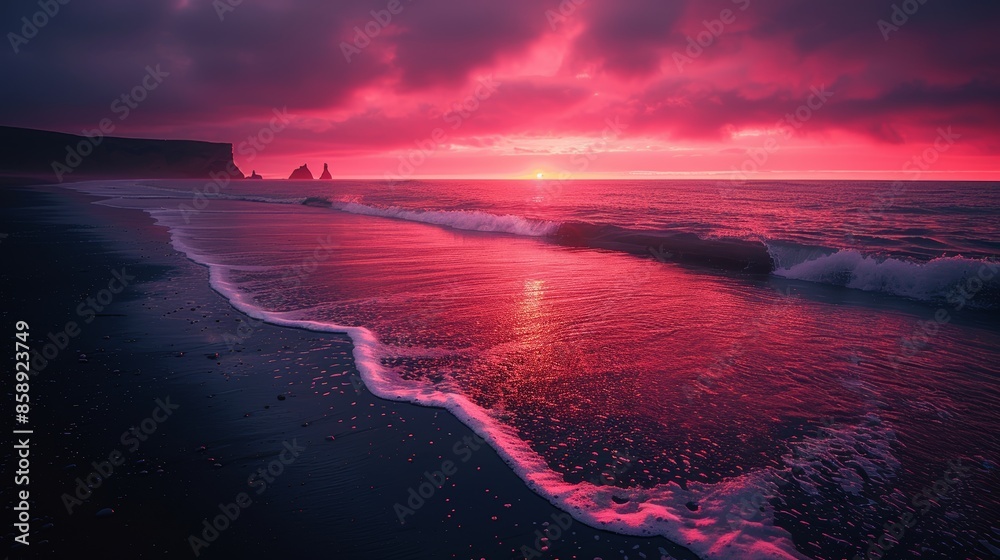 A surreal bright pink sea contrasting against a pitch-black sandy beach ...